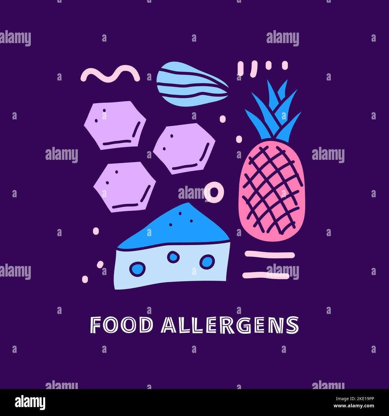 Group of doodle outline food allergens icons including hazelnut ...