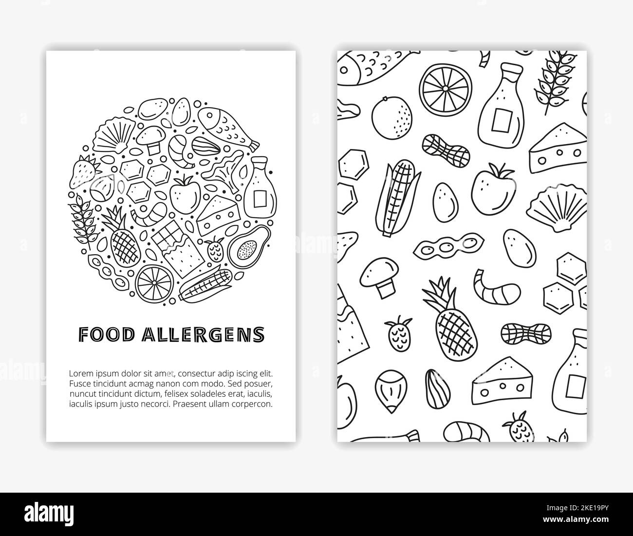 Card templates with doodle outline food allergens icons including fish ...