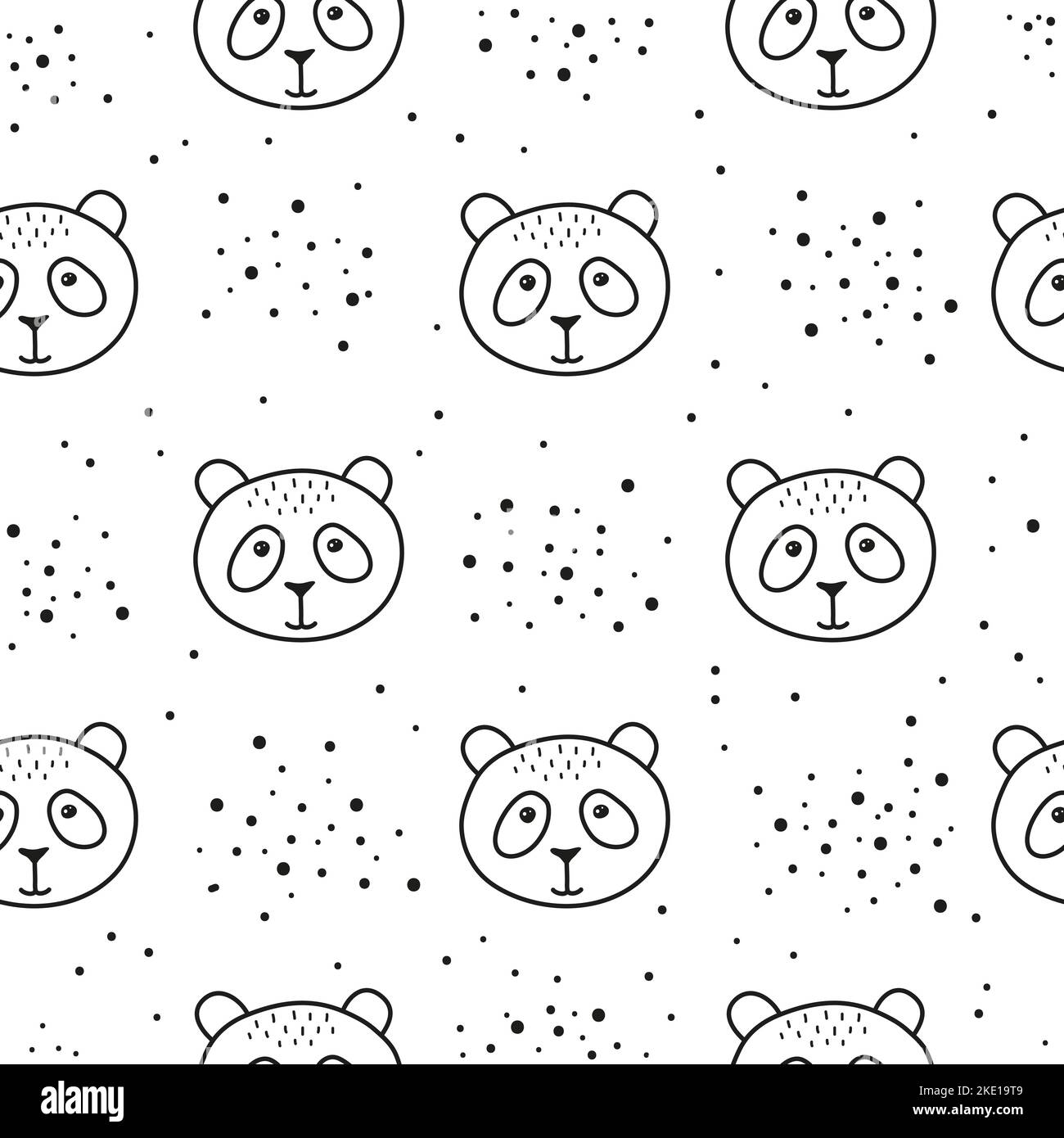 Black and white seamless pattern with doodle outline panda faces and ...