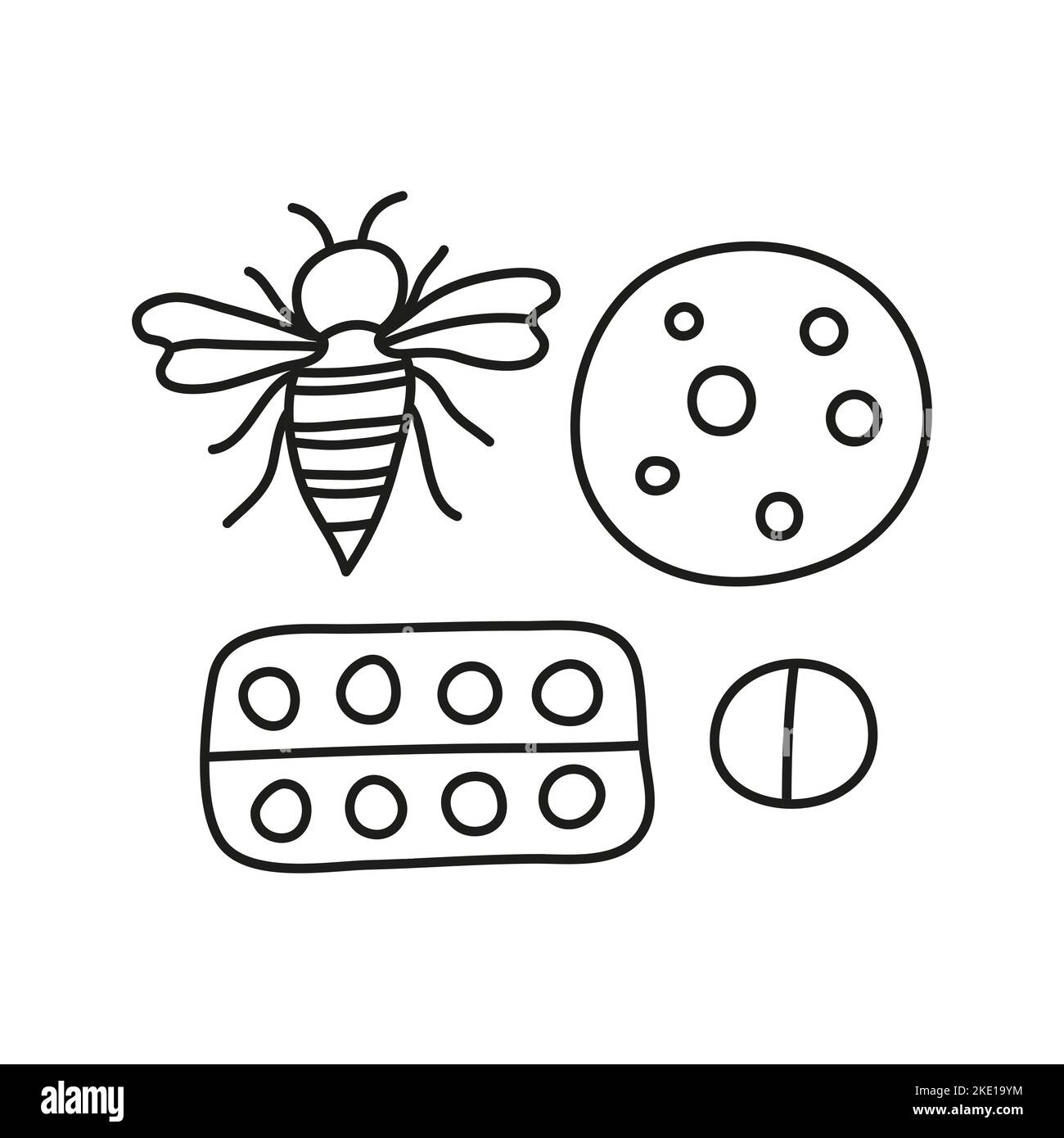 Group of doodle outline allergy icons including skin rash, honey bee ...