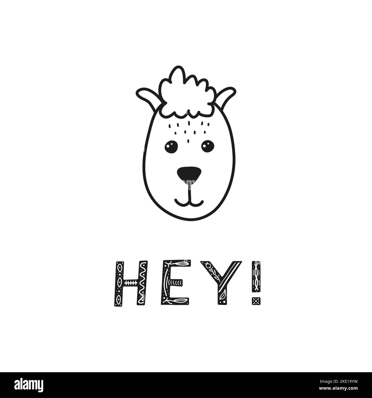 Cute hand drawn illustration with lama face and lettering hey isolated ...