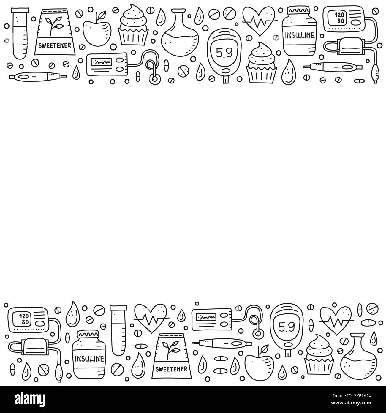 Poster with doodle outline diabetes items, including insulin pen, pump ...