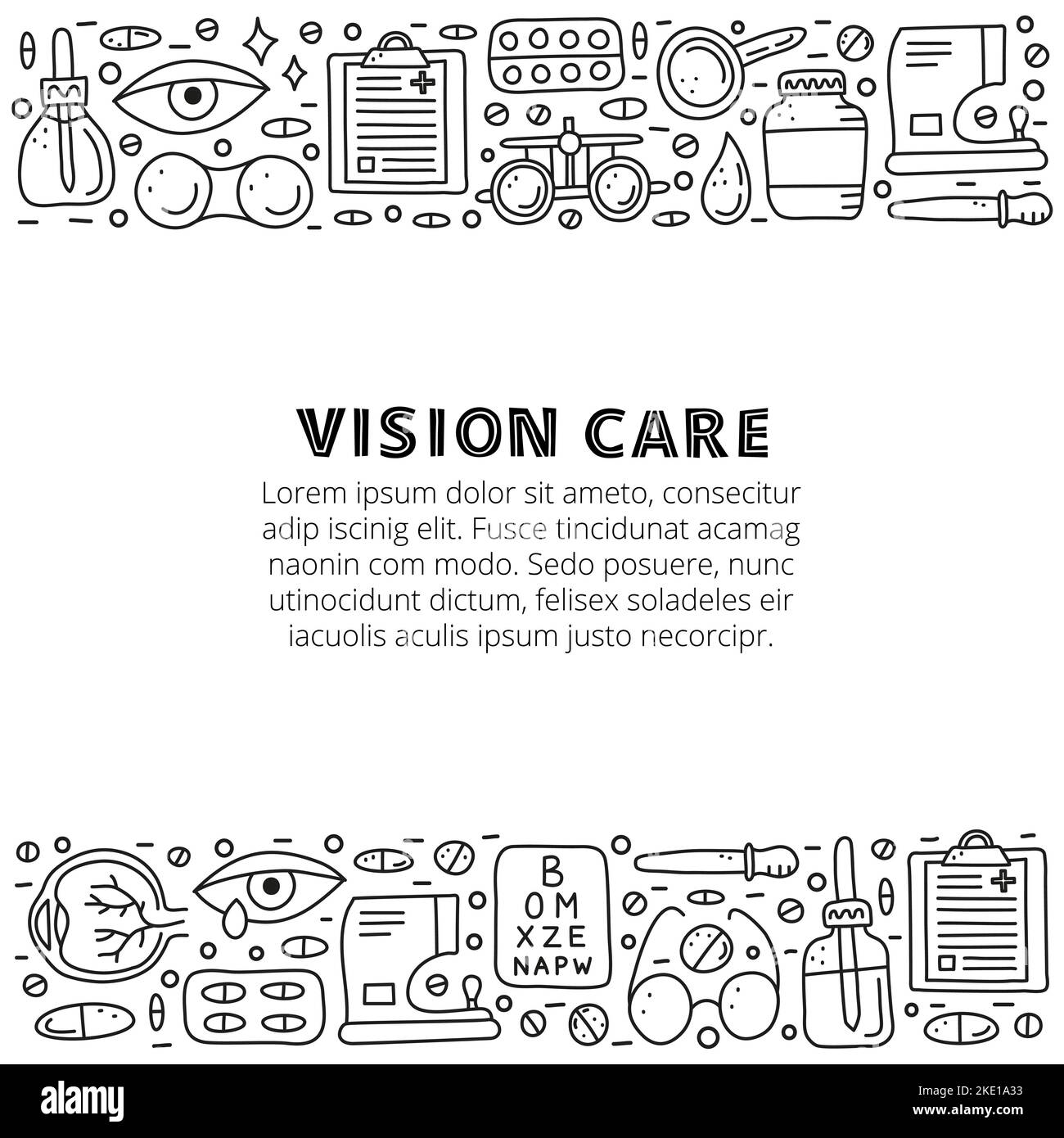 Poster with lettering and doodle outline ophthalmology icons including ...