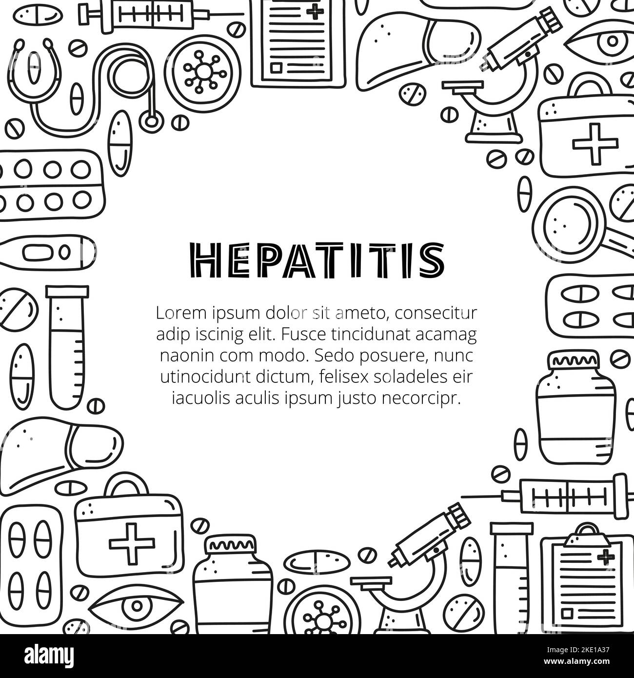 Poster with doodle outline hepatitis medical icons including liver ...