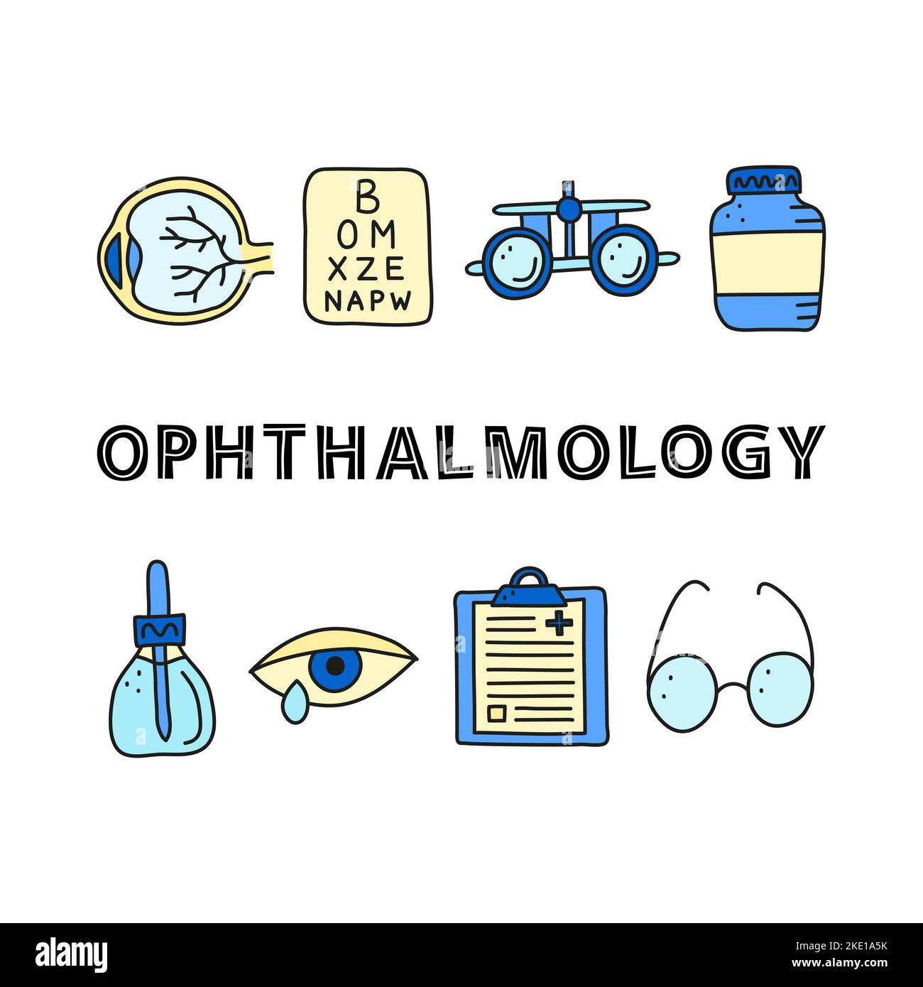 Poster with lettering and doodle colored ophthalmology icons including ...