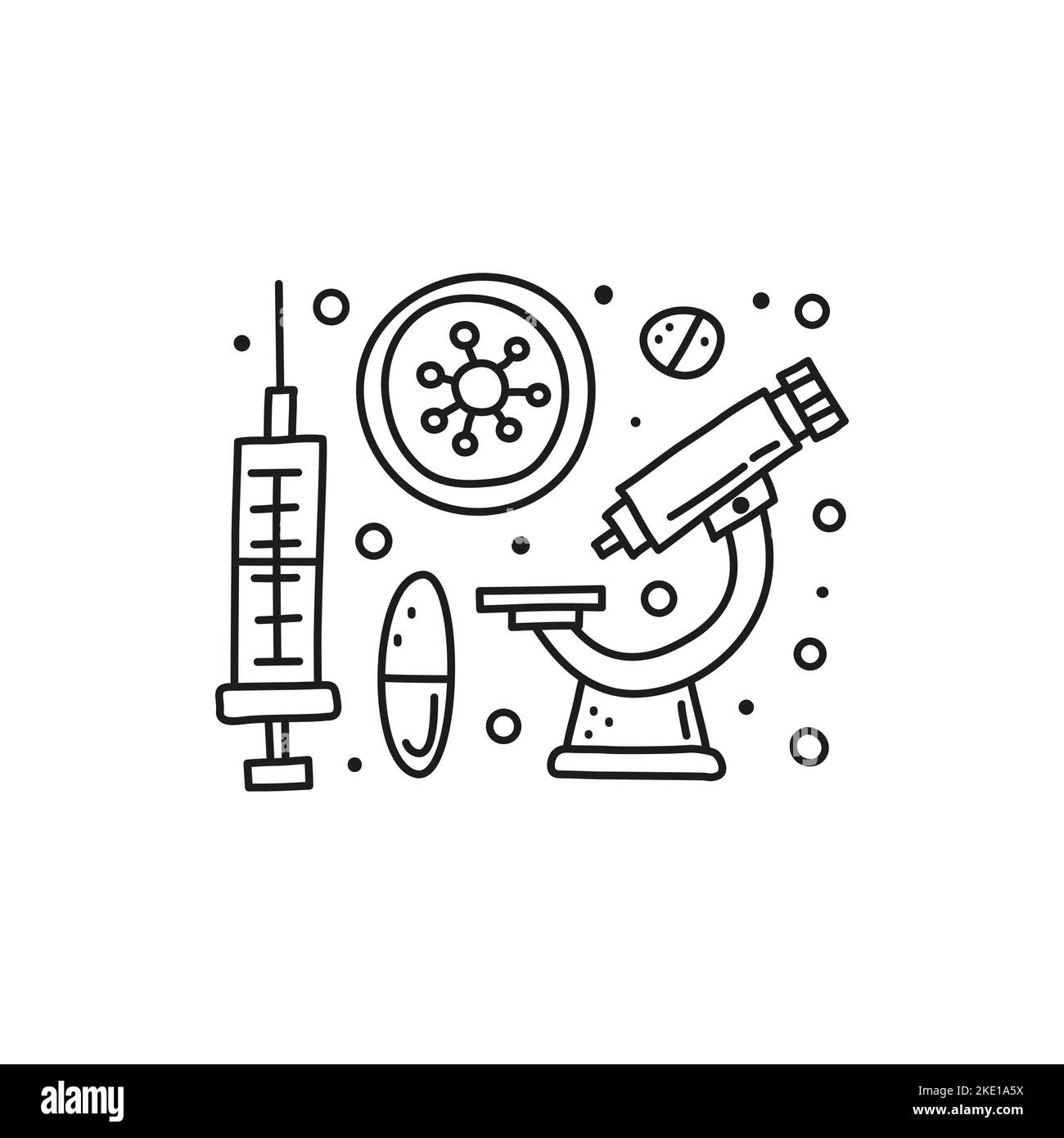 Groups of doodle outline medical icons including syringe, virus, pills ...