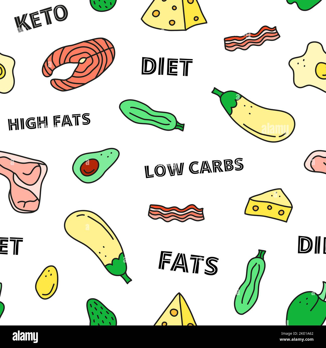Seamless pattern with doodle colored foods for ketogenic diet including ...
