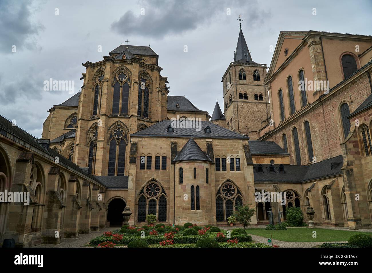 A scenic shot of the Trier cathedral in Germany against the cloudy sky ...
