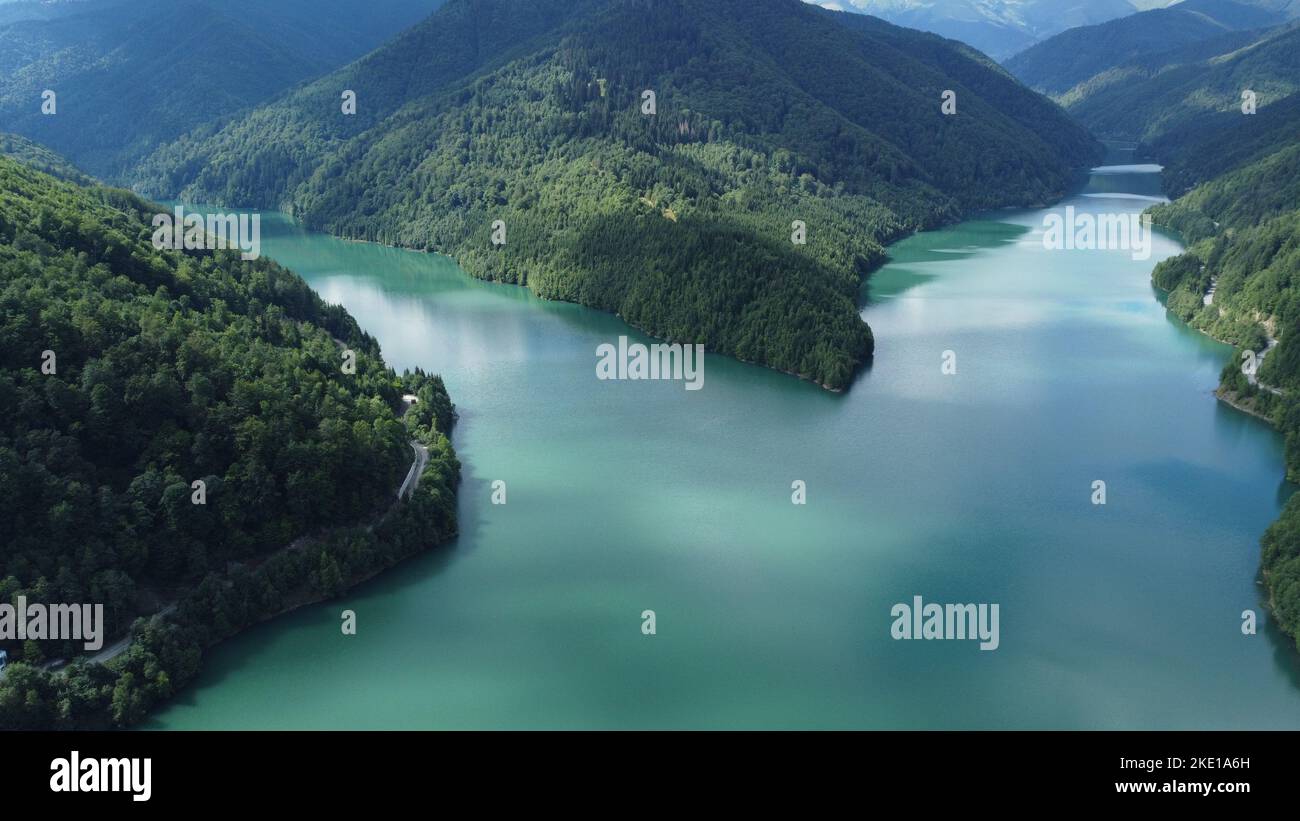 An aerial shot of the scenic Lake Ritsa with green coasts in Abkhazia ...