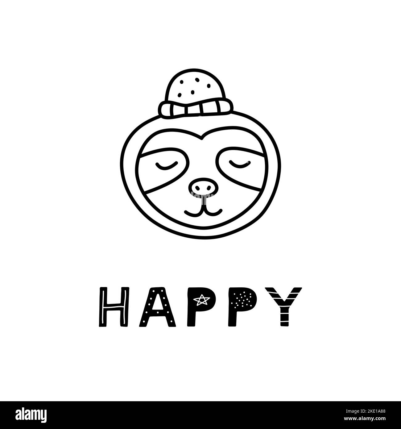 Cute hand drawn illustration with sloth face and lettering happy ...