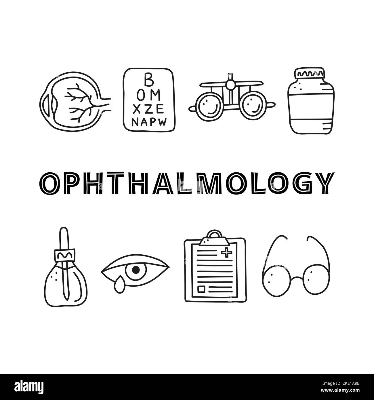 Poster with lettering and doodle outline ophthalmology icons including ...