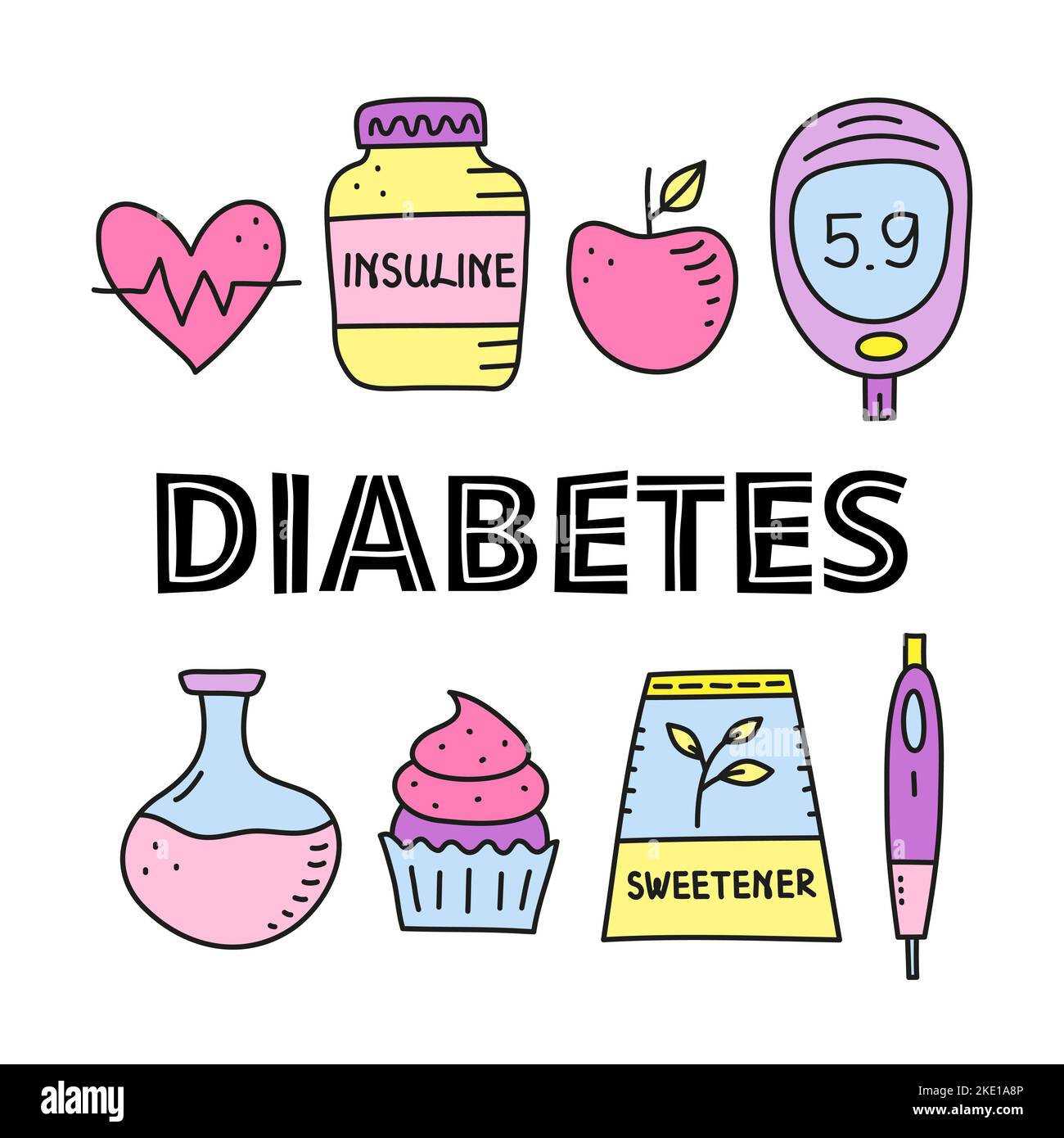 Poster with lettering and doodle colored diabetes items, including ...