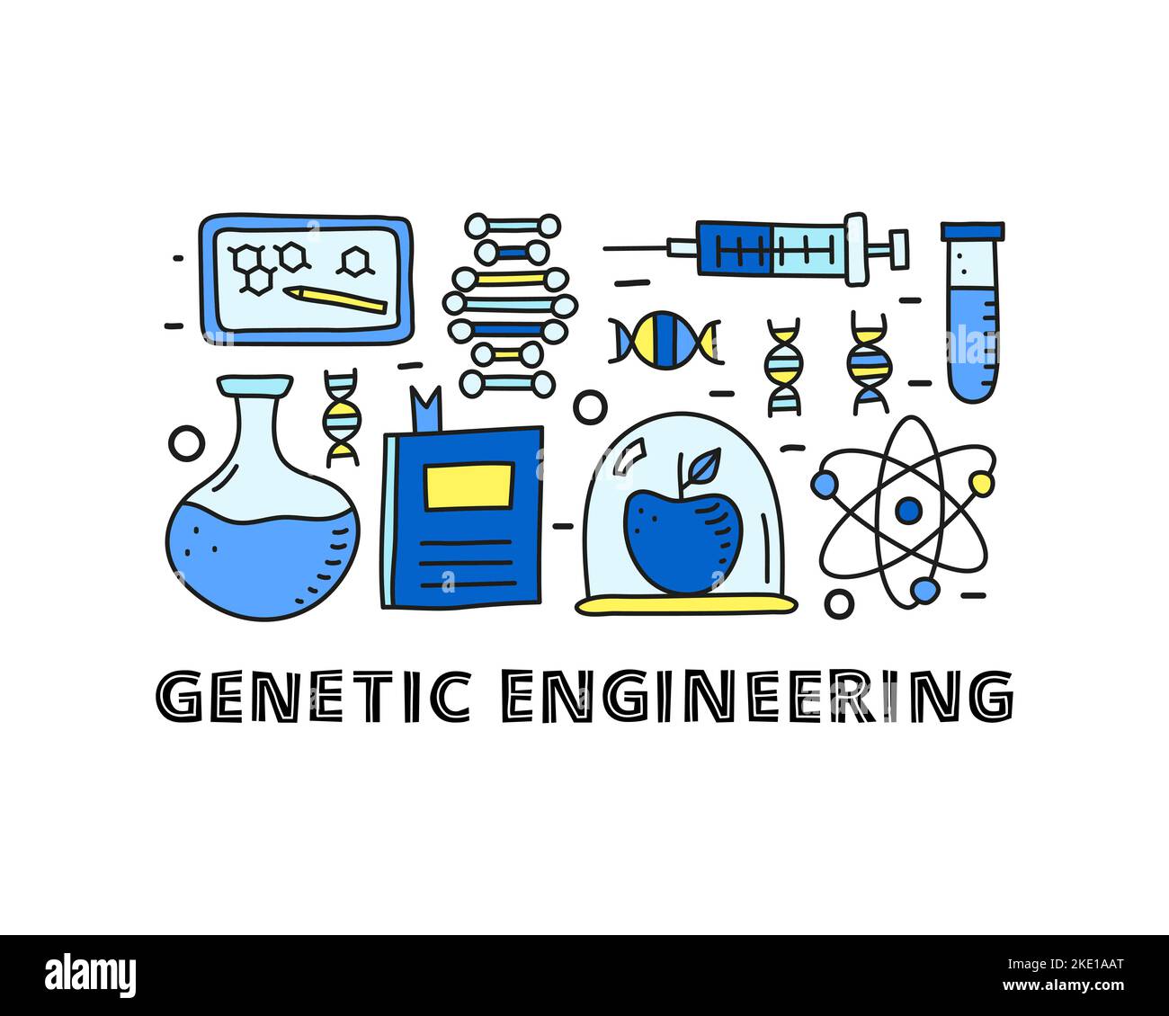 Group of doodle colored genetic engineering icons including dna ...