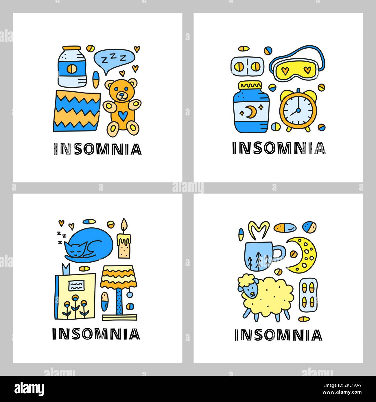 Cards with lettering and doodle colored insomnia and bed time icons ...