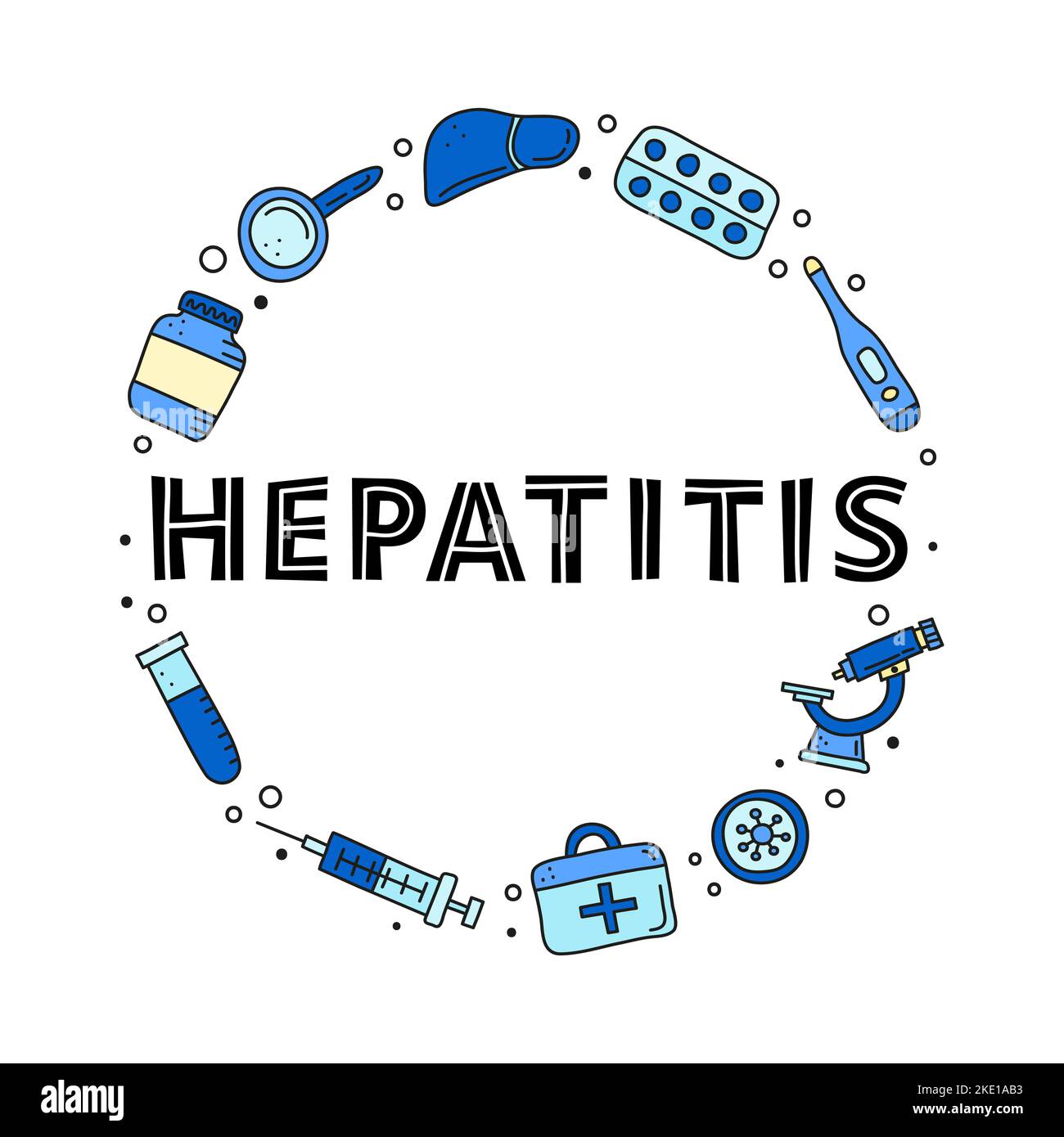 Doodle colored hepatitis medical icons including liver, microscope ...