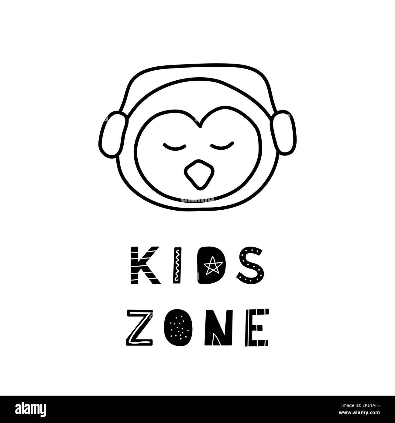Cute hand drawn illustration with penguin face and lettering kids zone ...