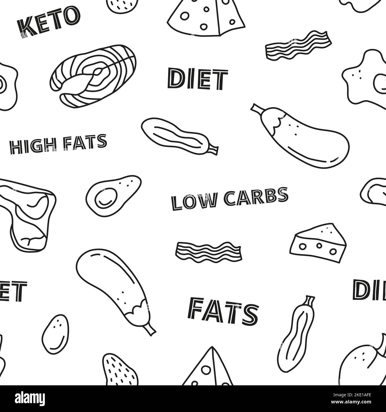 Black And White Seamless Pattern With Doodle Outline Foods For