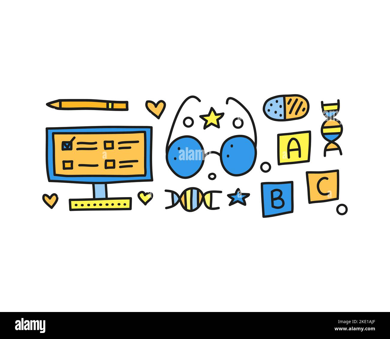 Group of doodle colored education, e-learning icons including computer ...