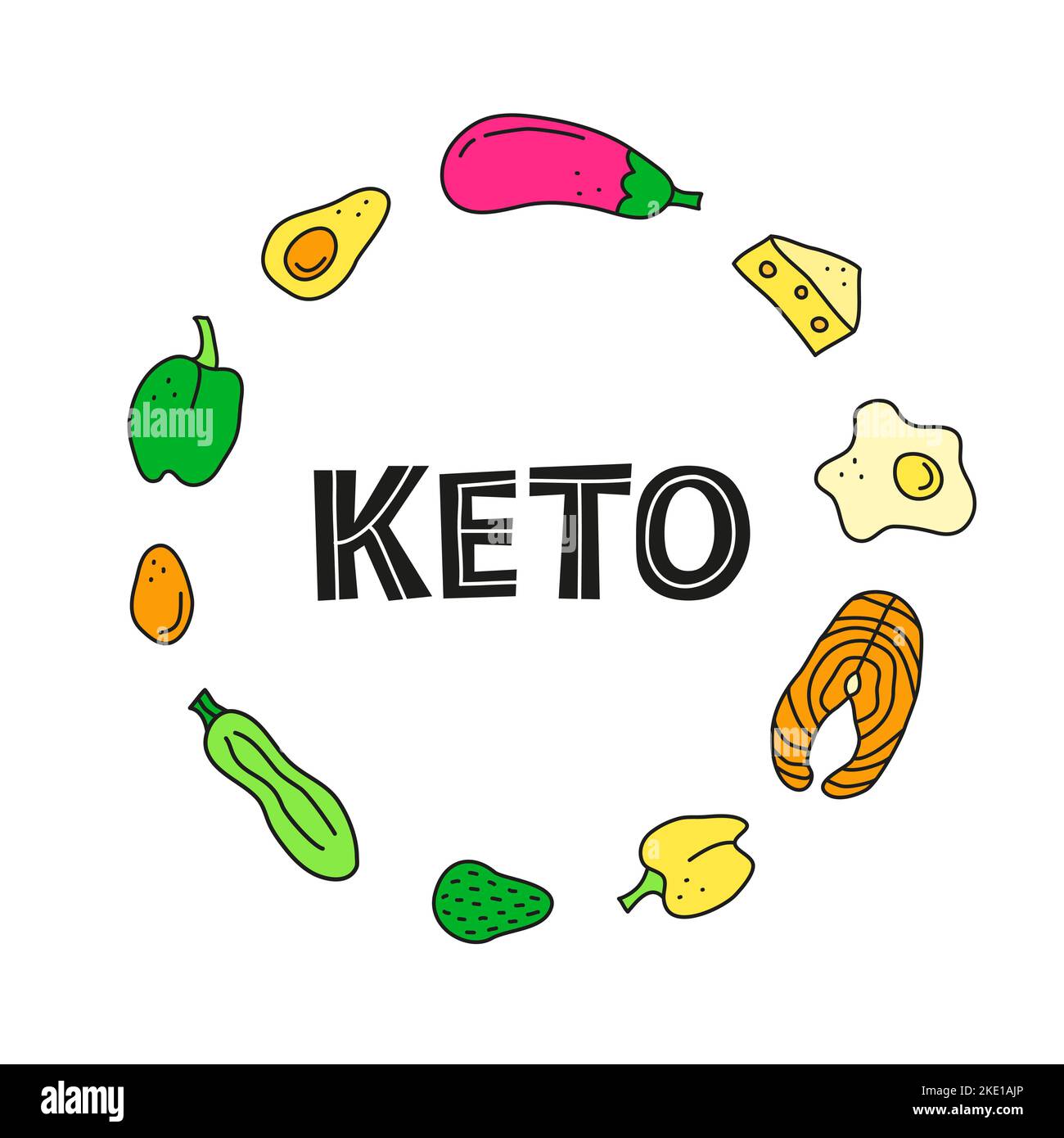 Lettering keto and doodle colored ketogenic foods including egg, pepper ...