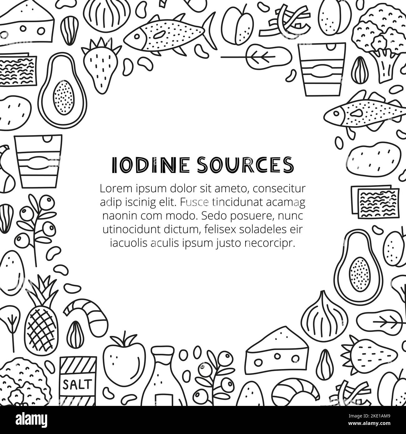 Poster with lettering and doodle outline iodine foods sources including ...