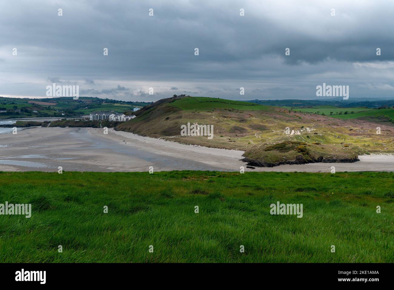 Picturesque hills, a view of the Clonakilty seashore. Cloudy rainy ...
