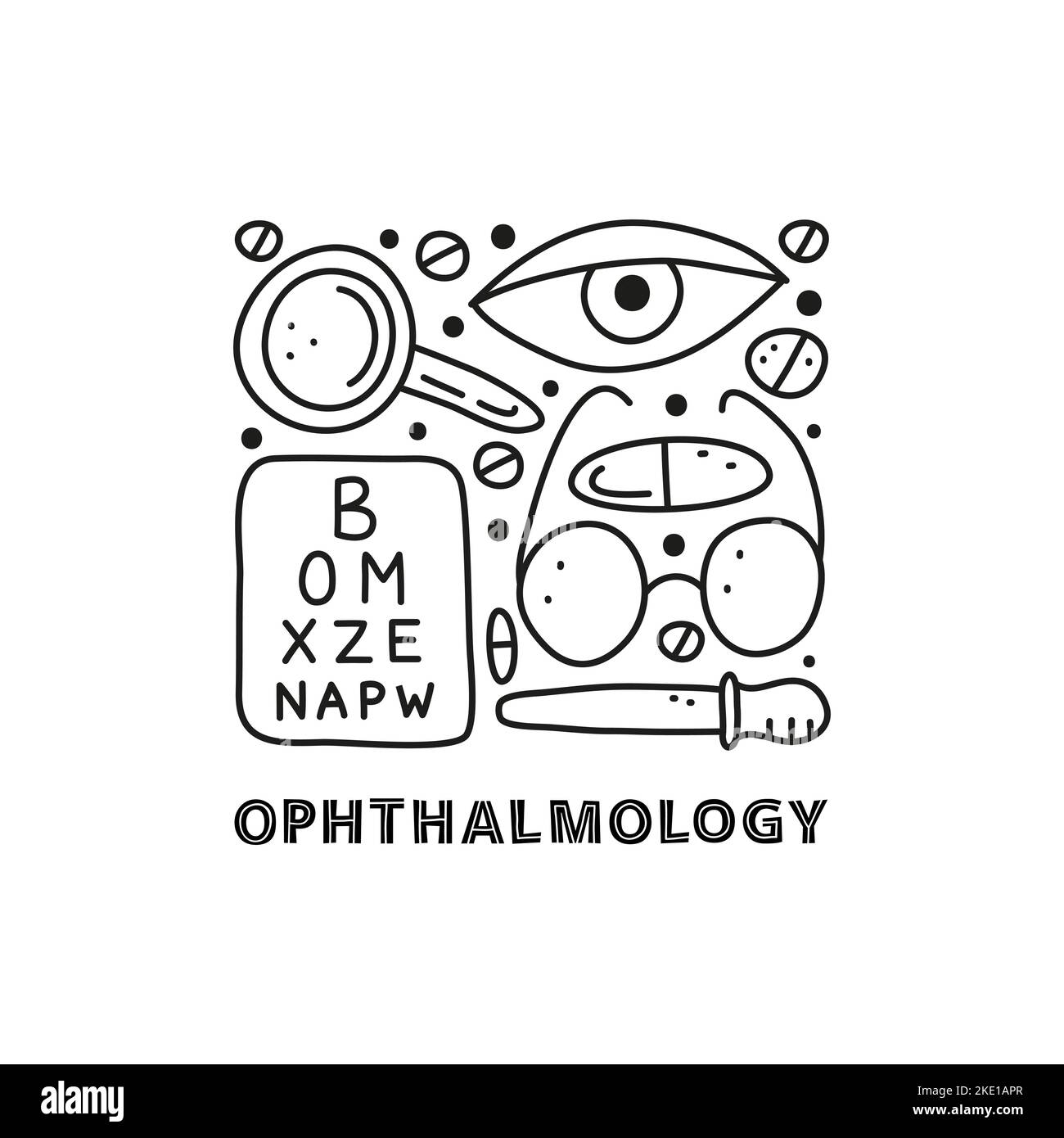 Group of doodle outline ophthalmology icons including eye, loupe, test ...