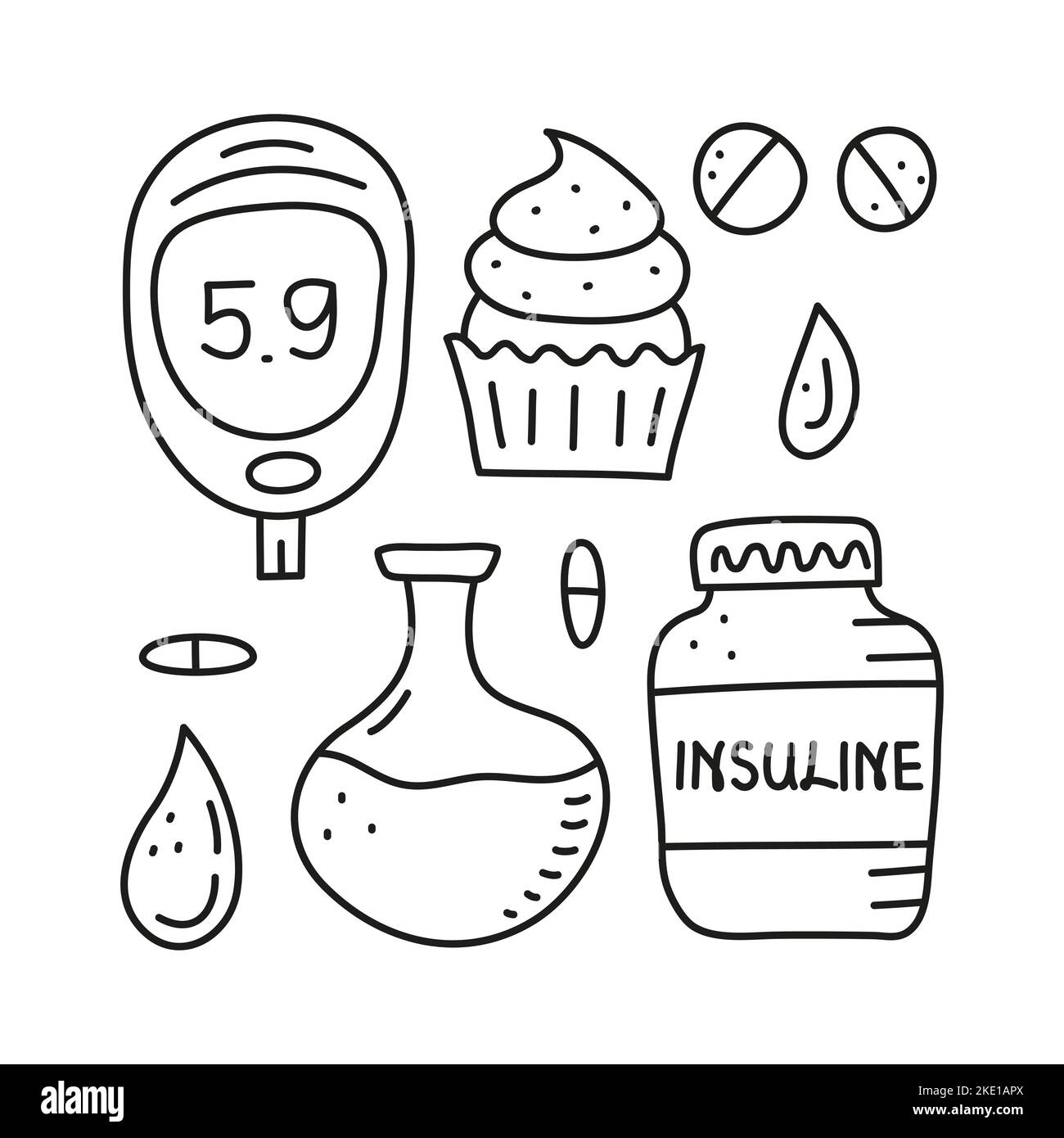 Set of doodle outline diabetes items, including glucometer, pills ...