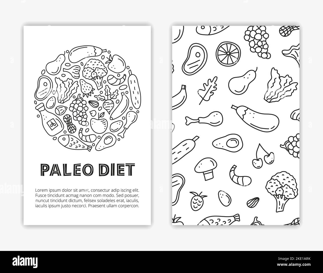 Card templates with doodle outline paleolithic foods. Low carbs, high ...