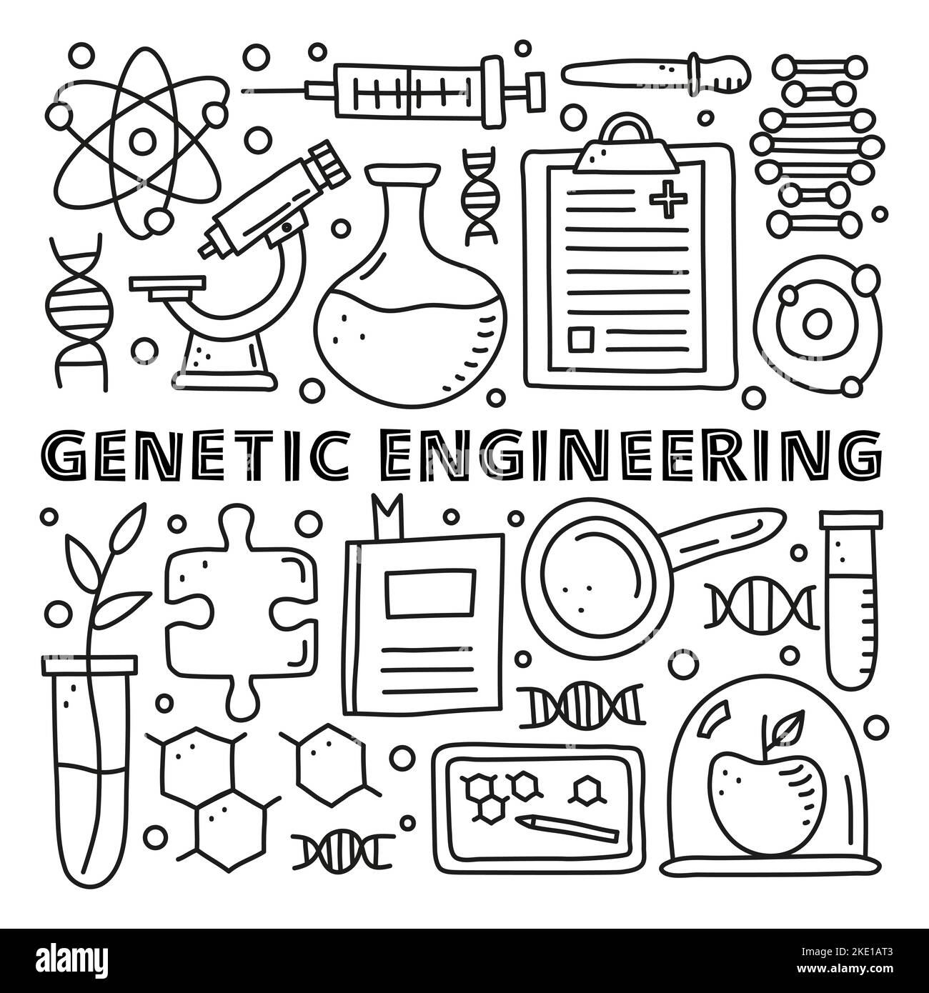 Poster with lettering and doodle outline genetic engineering icons ...