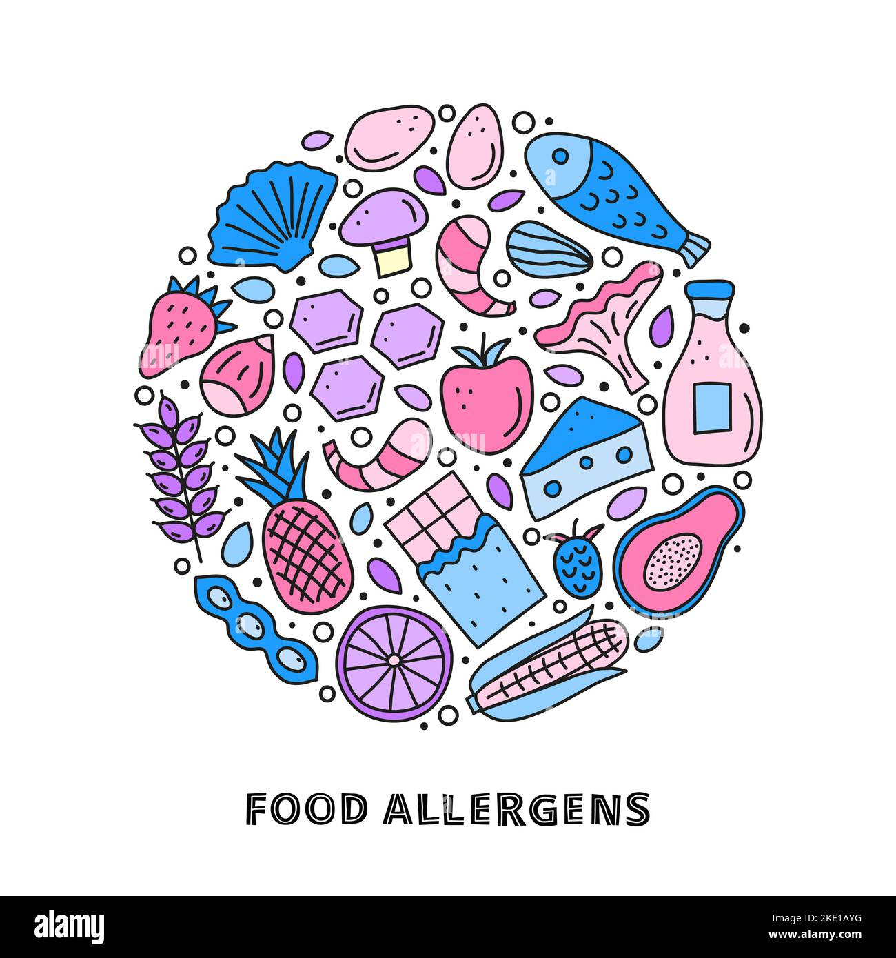 Doodle colored food allergens including fish, seafoods, cheese, milk ...