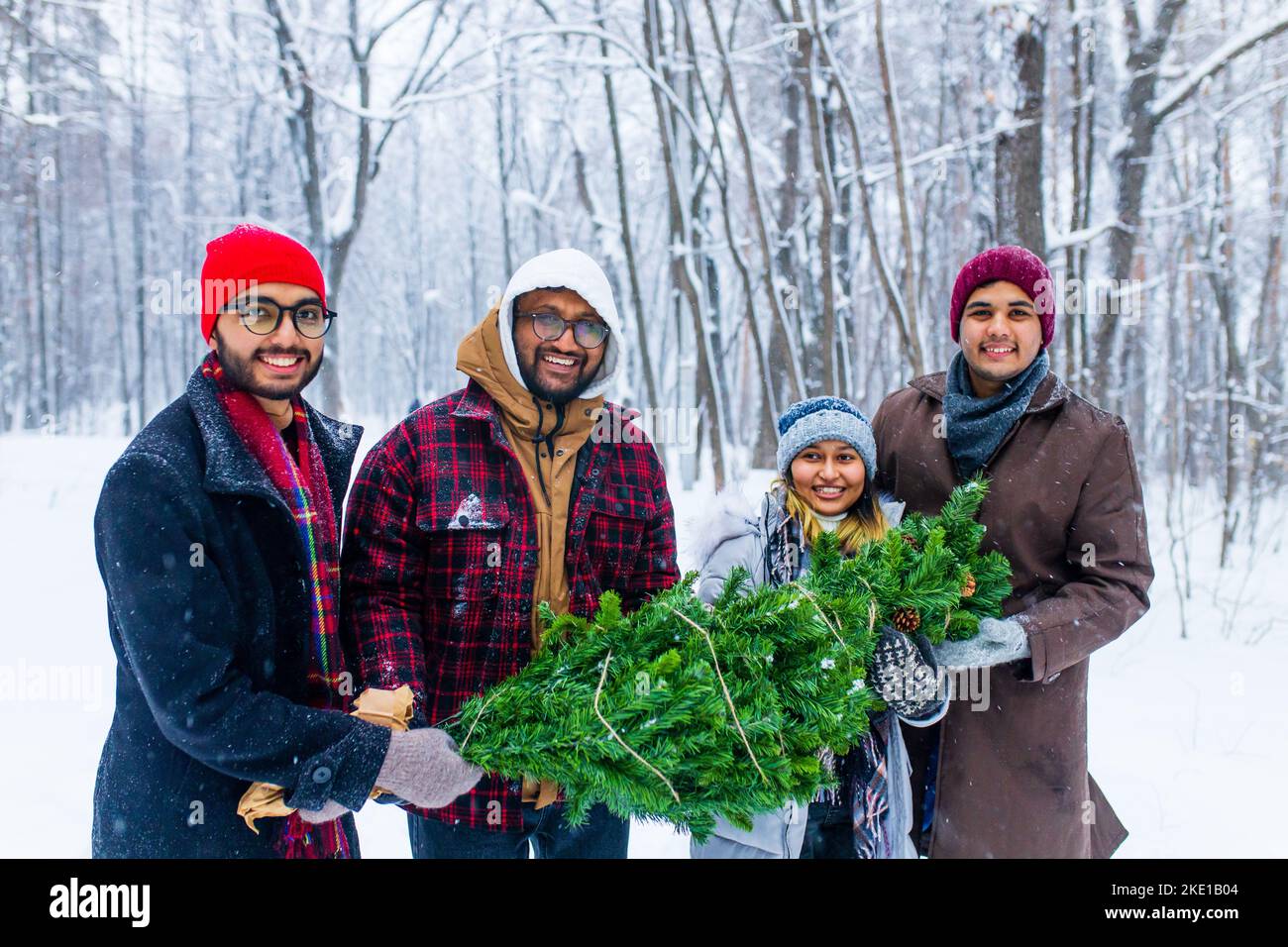 Outdoor lifestyle portrait of four best friends carrying the tree to ...