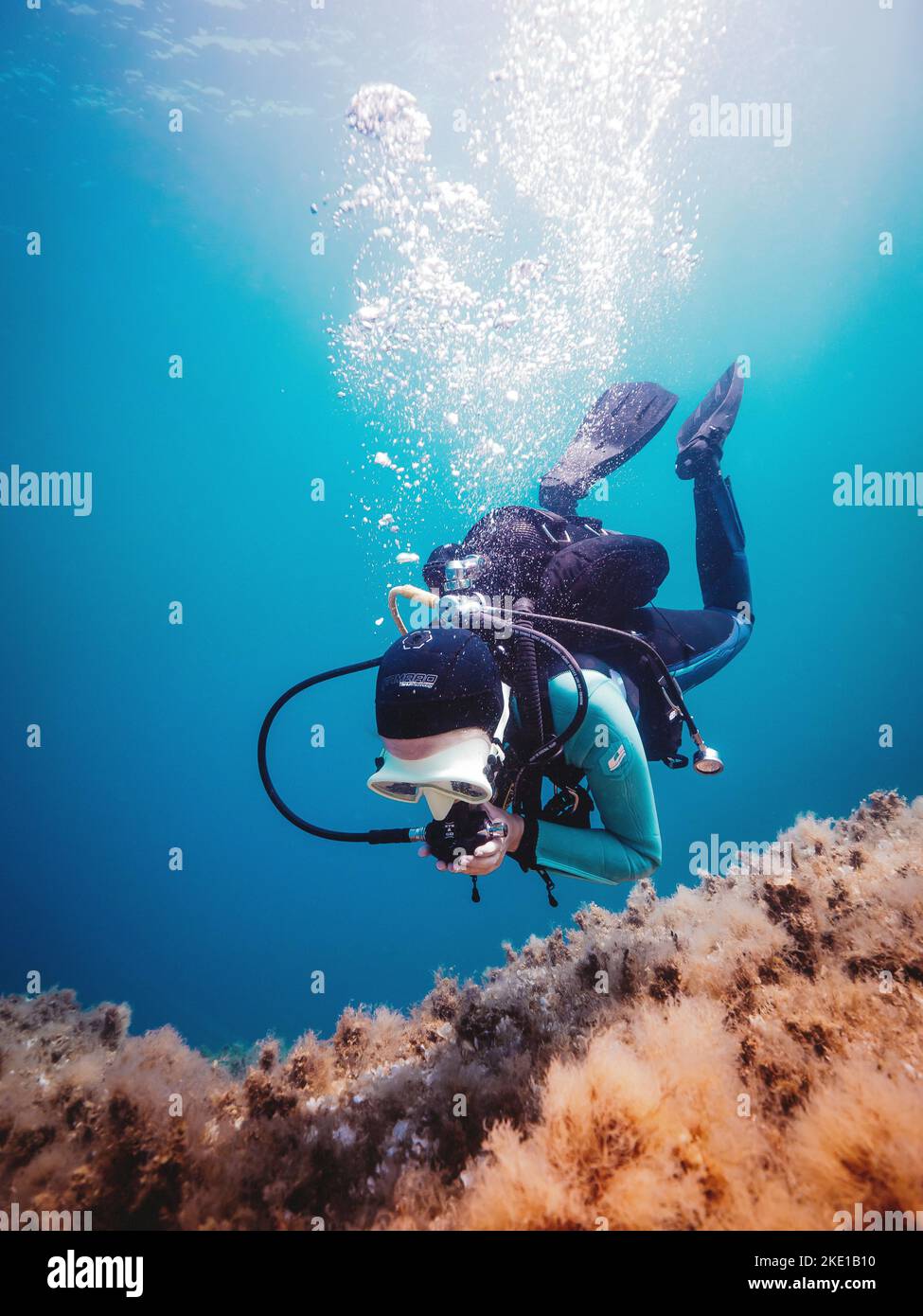 A closeup shot of a scuba diver swimming underwater, and exploring Gozo ...