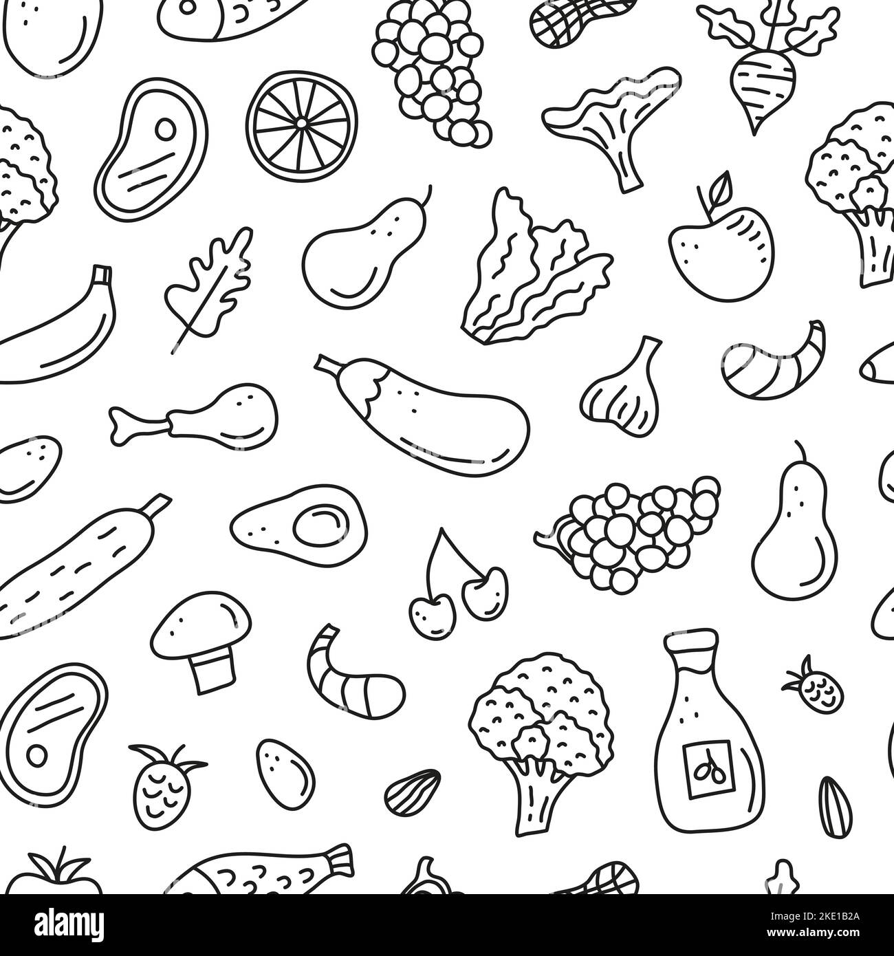 Black and white seamless pattern with doodle outline paleo foods ...