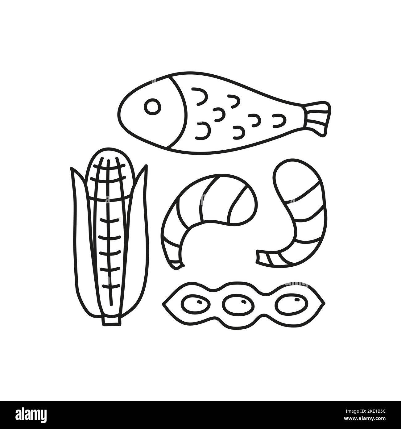 Group of doodle outline food allergens icons including corn, fish ...