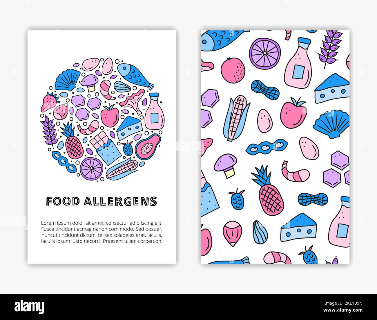 Card templates with doodle colored food allergens icons including fish ...