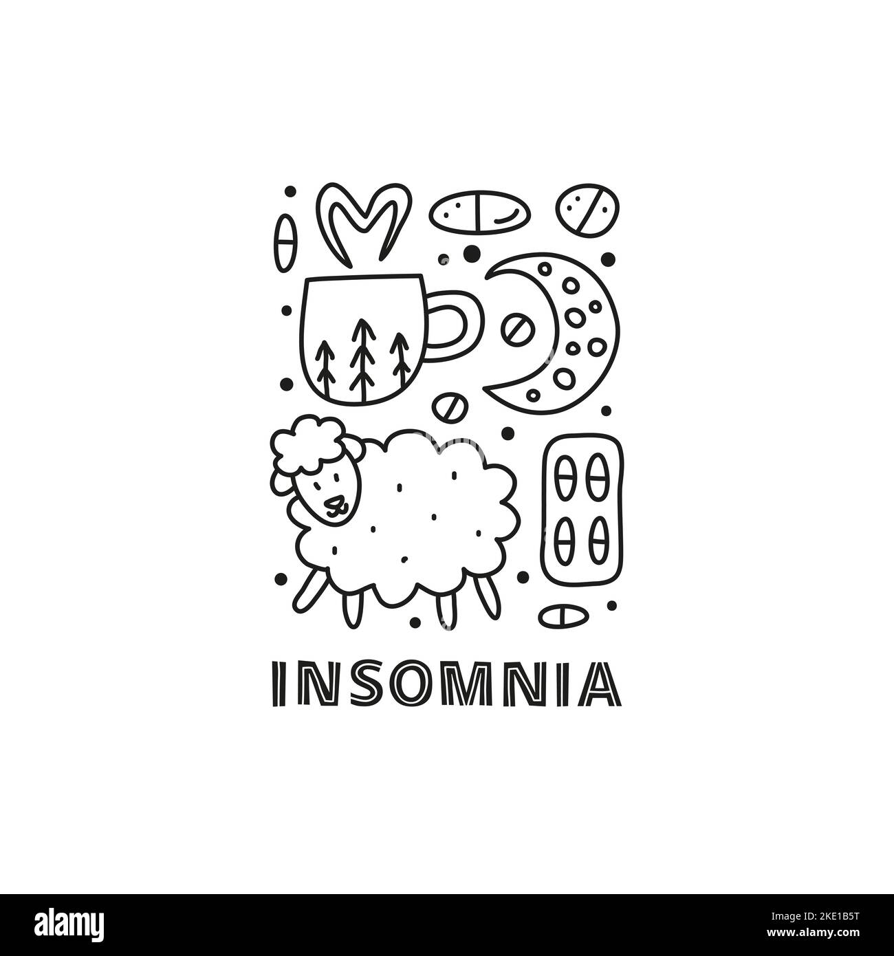 Group of doodle outline insomnia and bed time icons including sheep ...