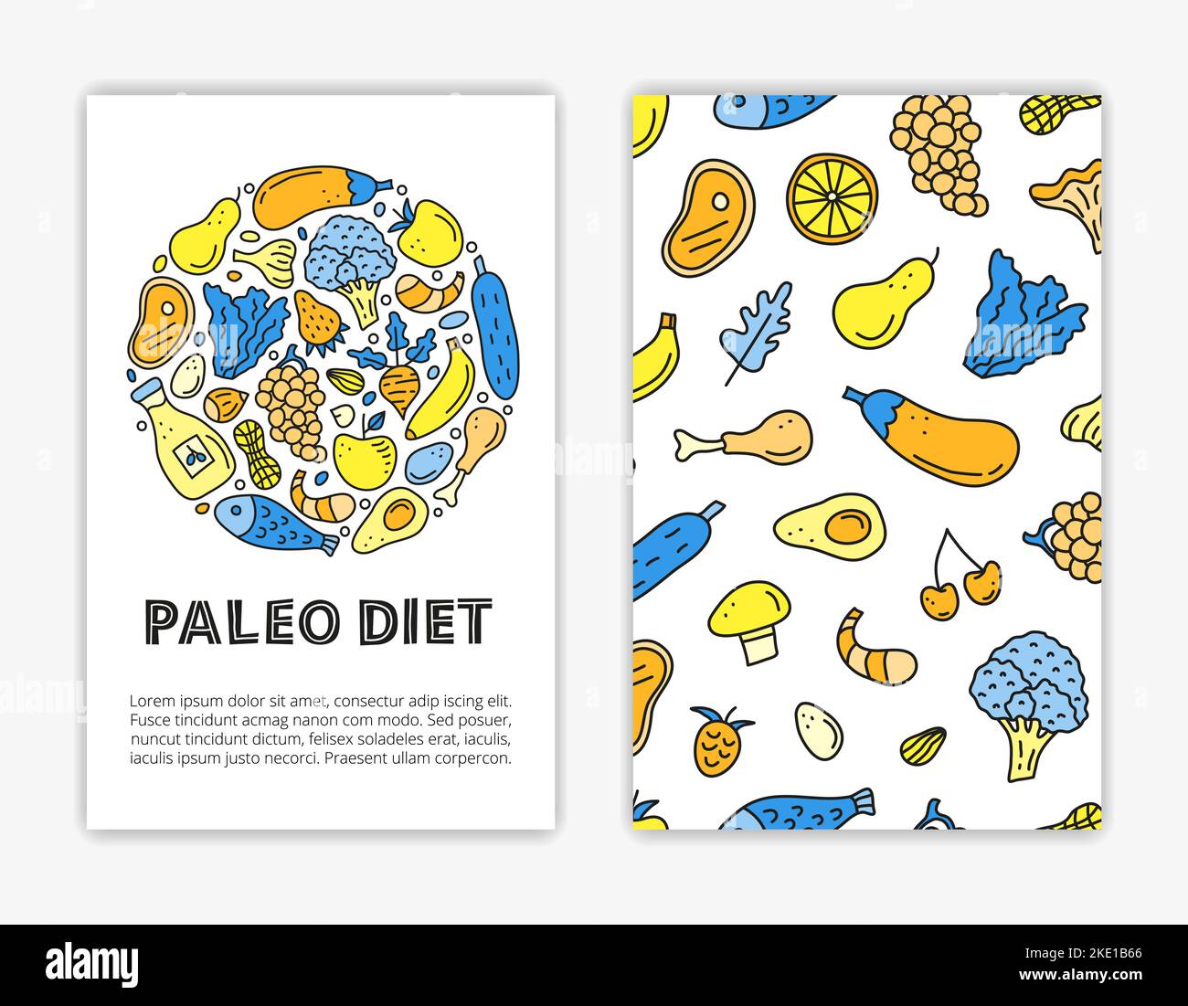 Card templates with doodle colored paleolithic foods. Low carbs, high ...