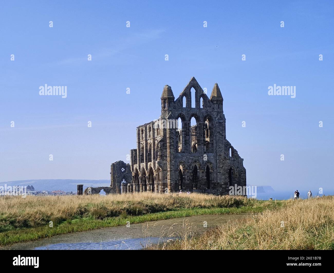 A scenic view of the ruins of Whitby Abbey monument located in Whitby ...