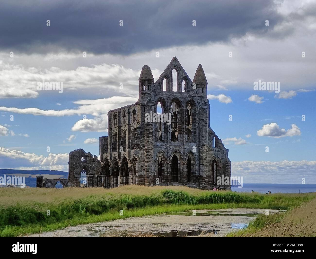 A scenic view of the ruins of Whitby Abbey monument located in Whitby ...
