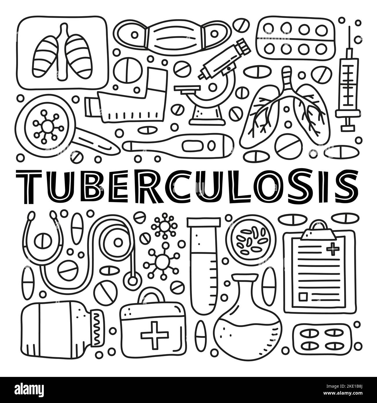 Poster with lettering and doodle outline tuberculosis items, including ...