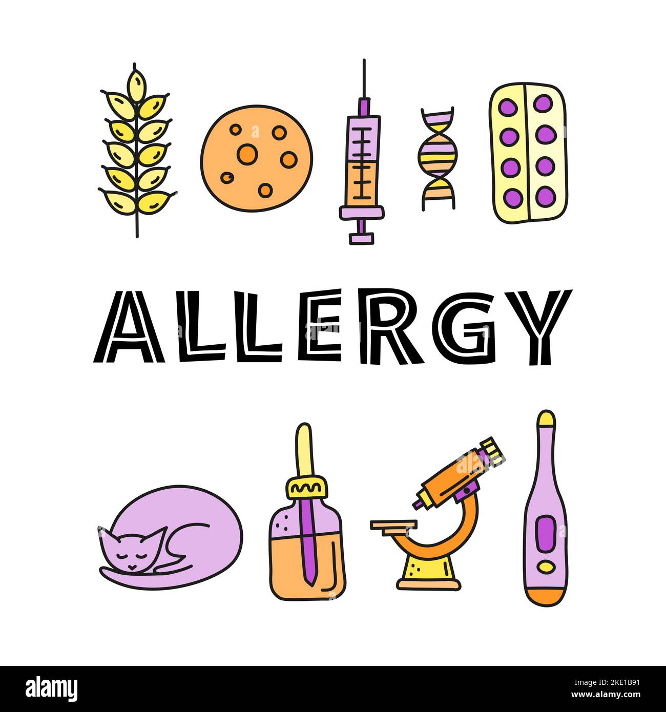 Poster with lettering and doodle colored allergy icons including wheat ...