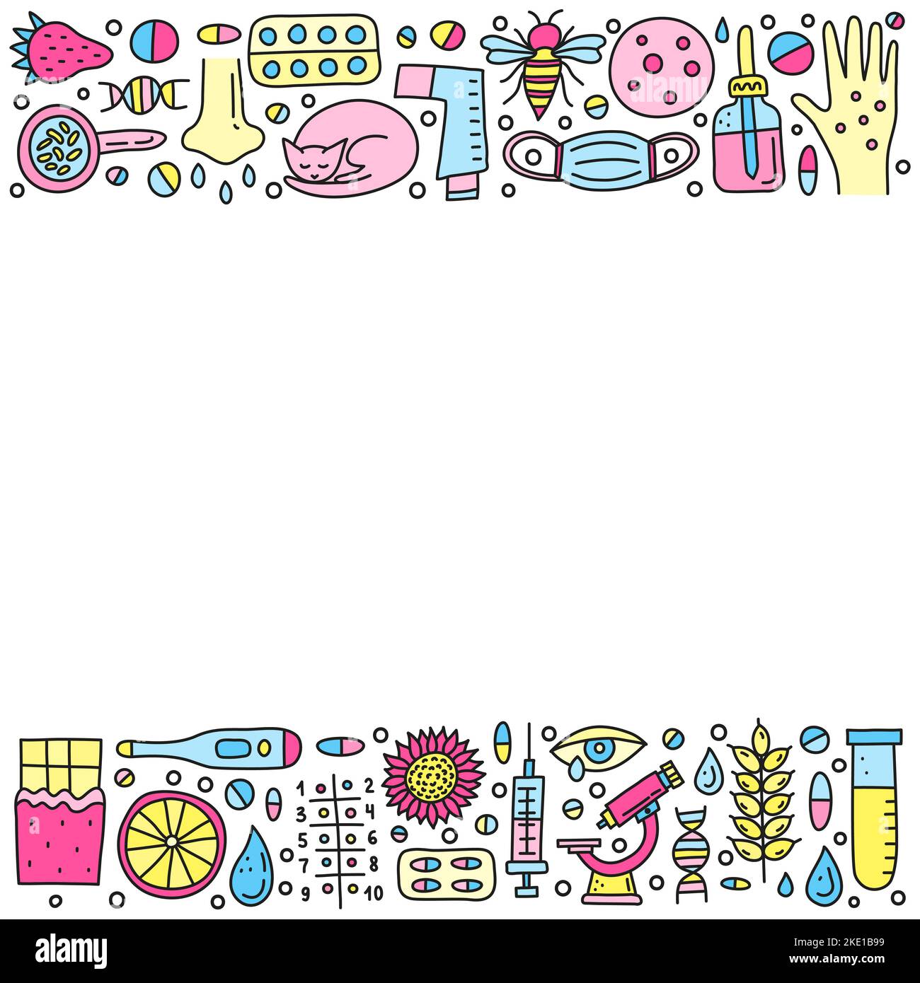 Poster with doodle colored allergy icons including skin rash, runny eye ...