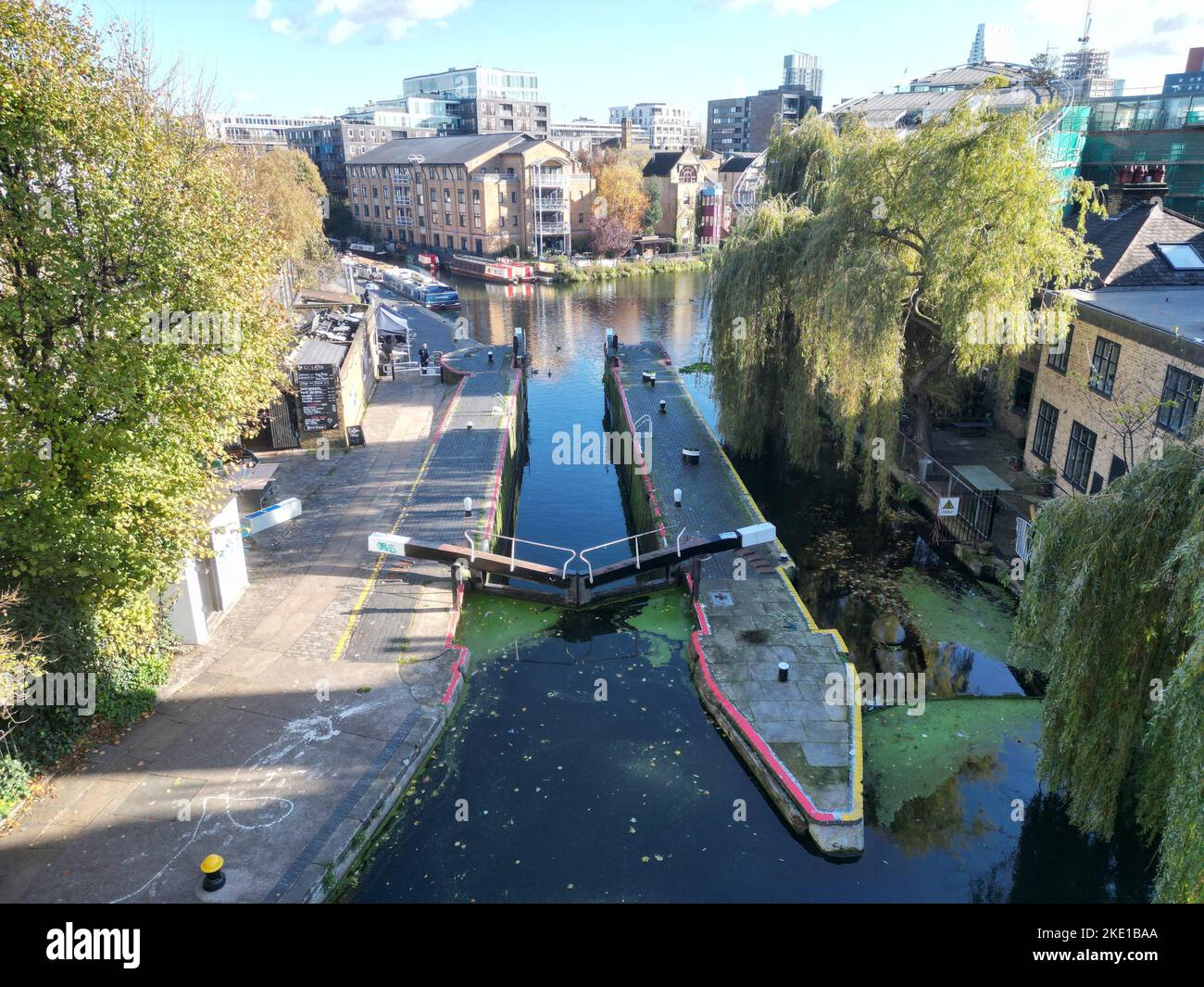 An aerial view of the locks and tunnels located on the London Waterways ...