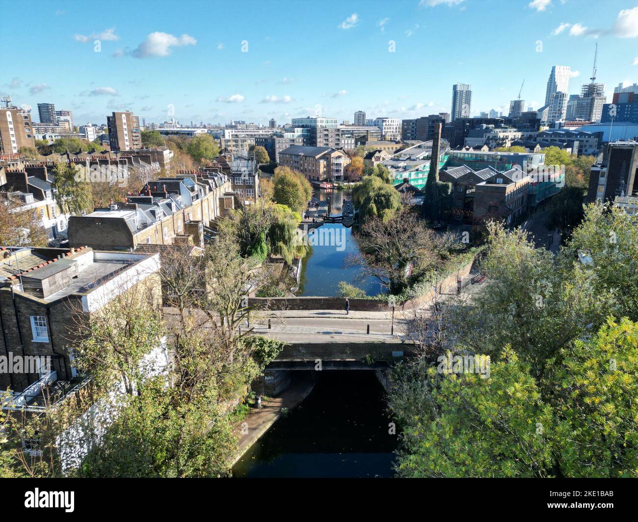 An aerial view of the London waterways passing through the city of ...