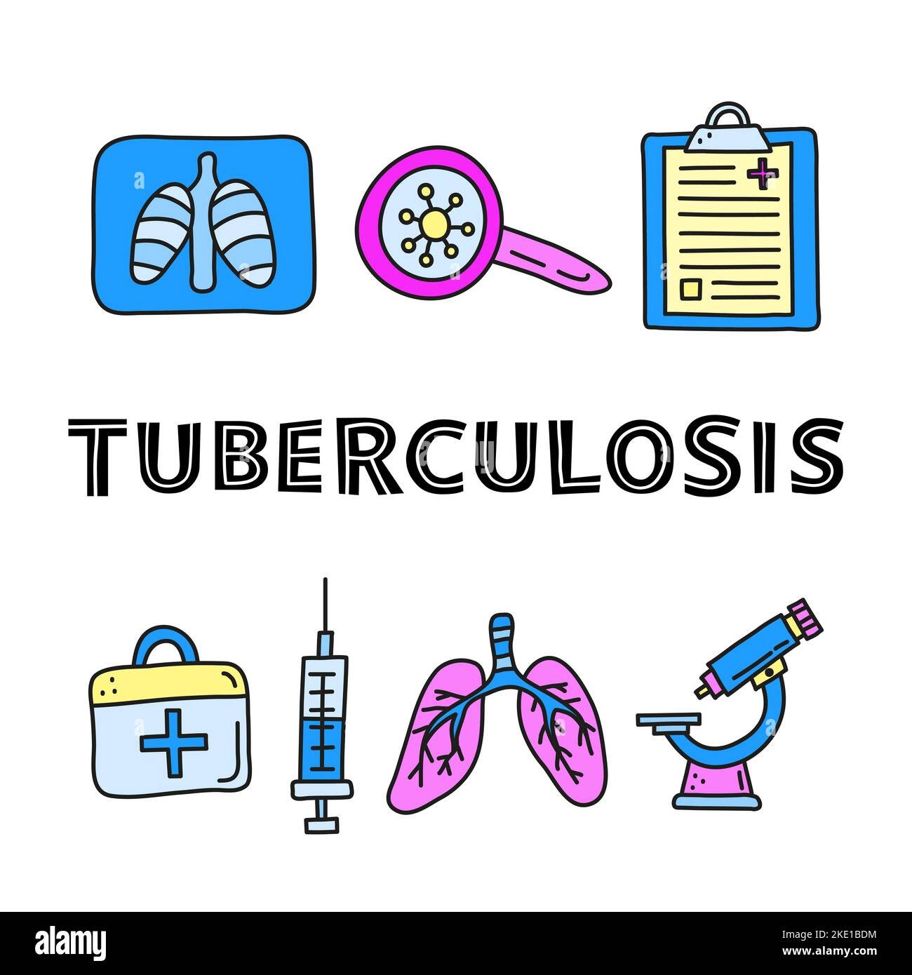 Poster with lettering and doodle colored tuberculosis items, including ...