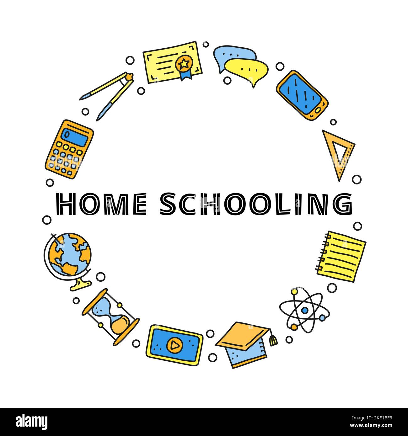 Doodle colored education, e-learning icons including computer, phone ...