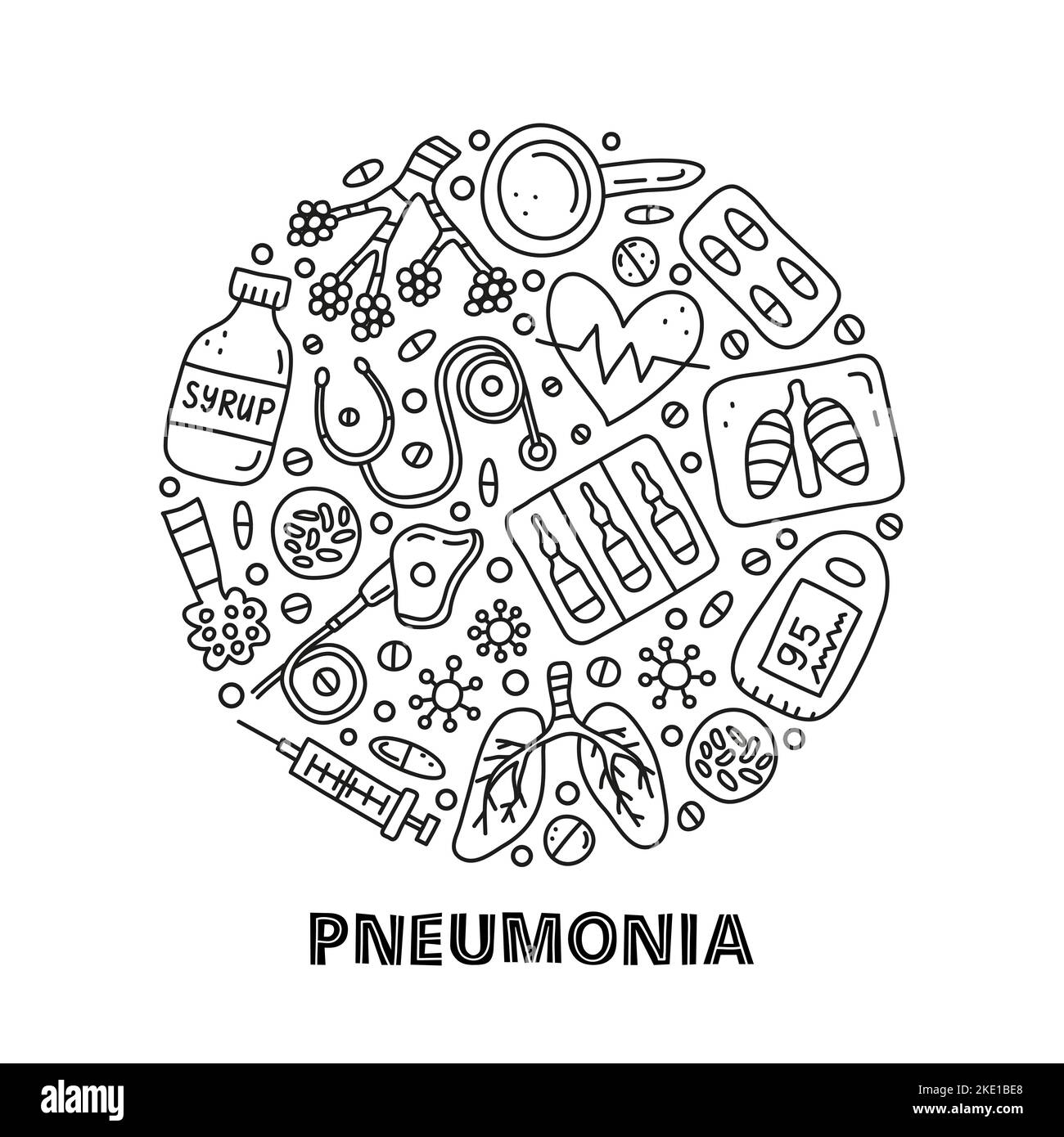 Poster with lettering and doodle outline pneumonia icons including ...