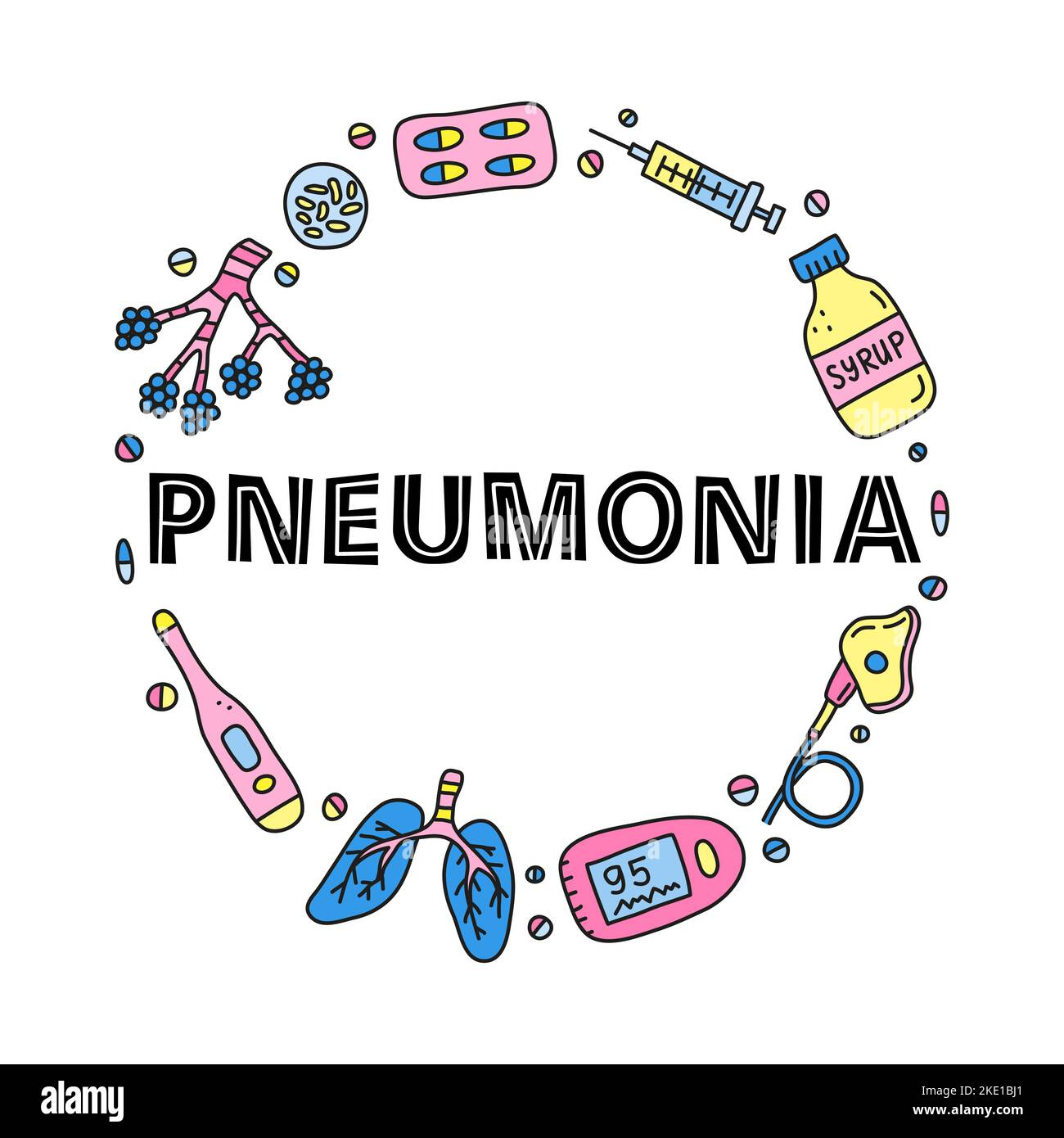 Doodle colored pneumonia icons including alveoli, lungs, cough syrup ...