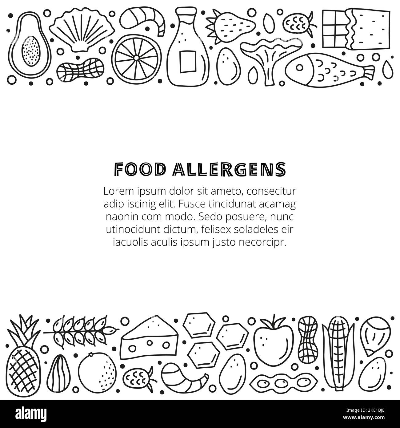 Poster with lettering and doodle outline food allergens icons including ...