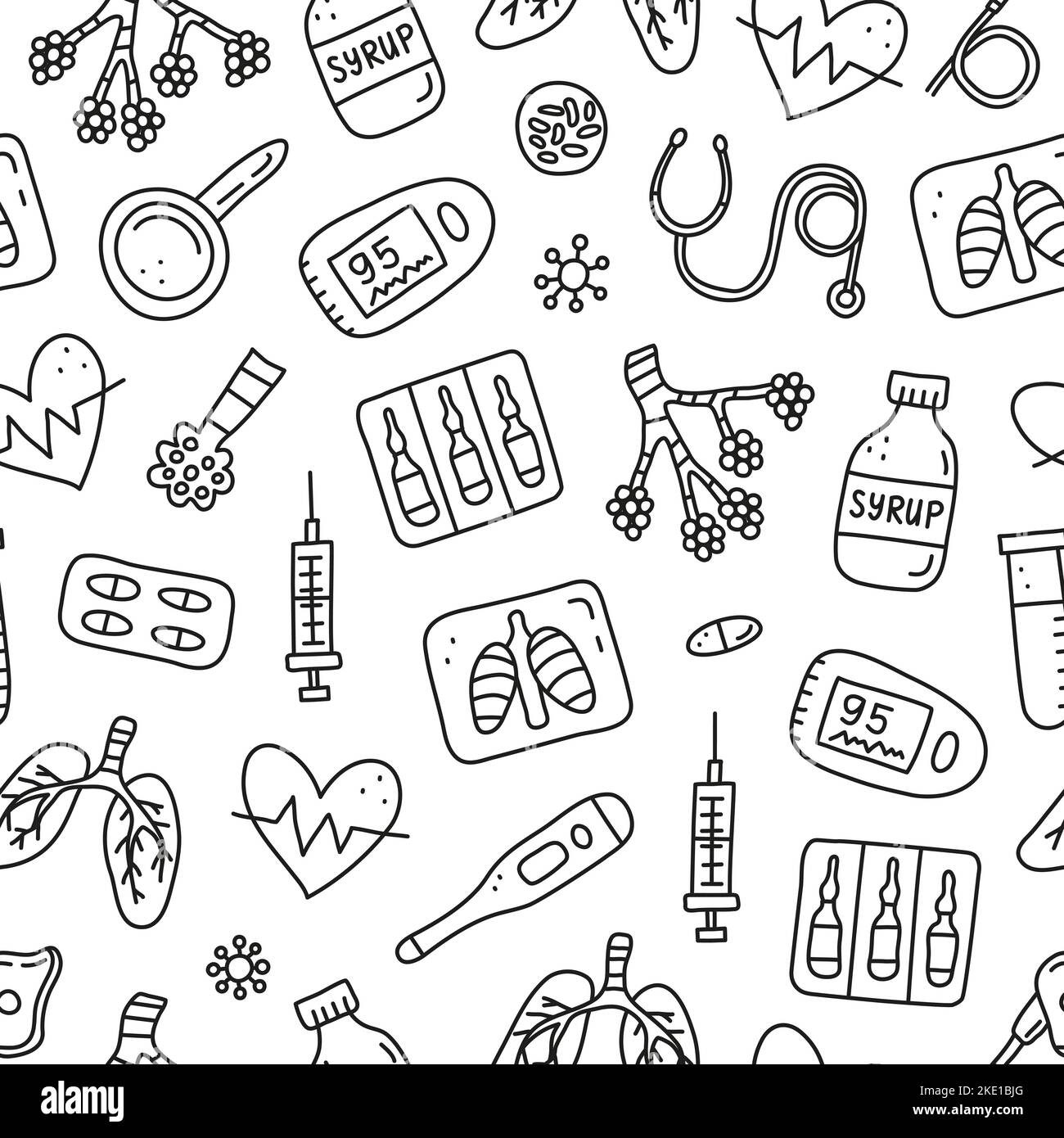 Black and white seamless pattern with doodle outline pneumonia icons ...